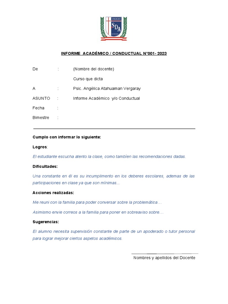 Formato para Informes Académicos y Conductuales 2023 | PDF