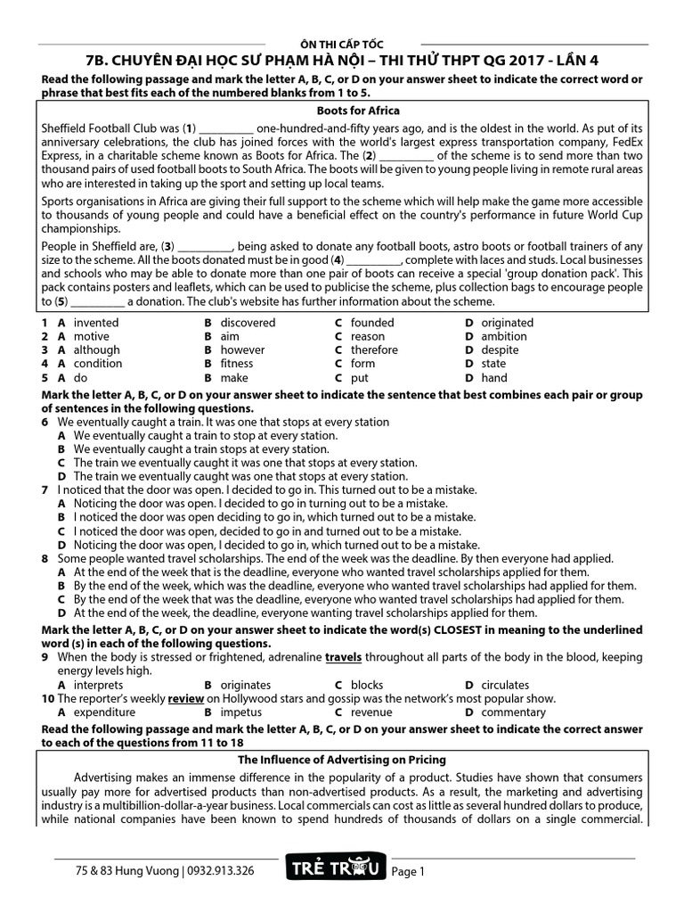 7B. Chuyen DHSP HN 2017 Lan 4 - Student | PDF | Prices | Advertising