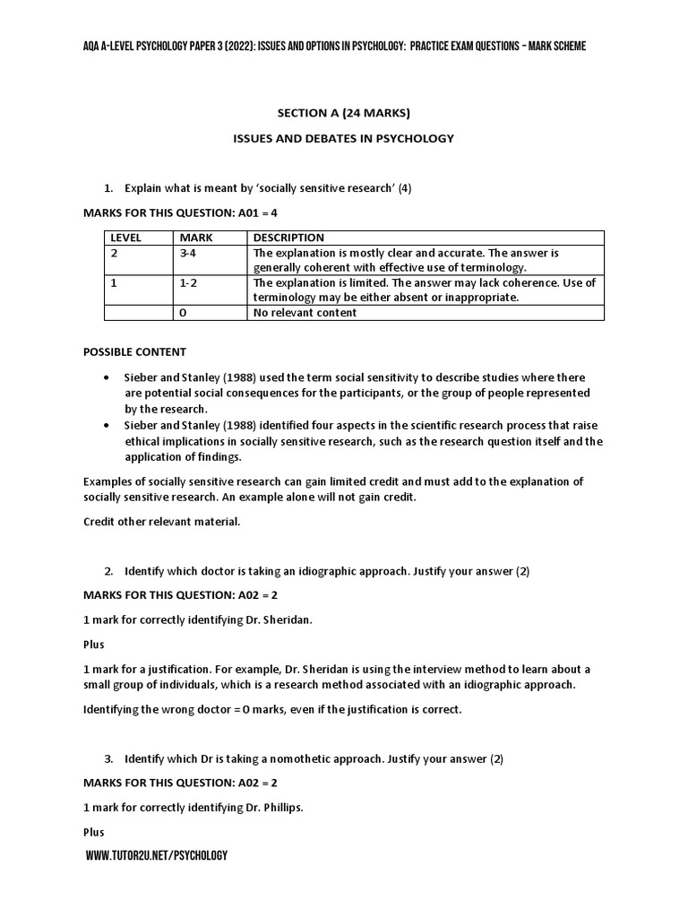 AQA A-Level Psychology Paper 3 (2022) Practice Exam - MarkScheme | PDF ...