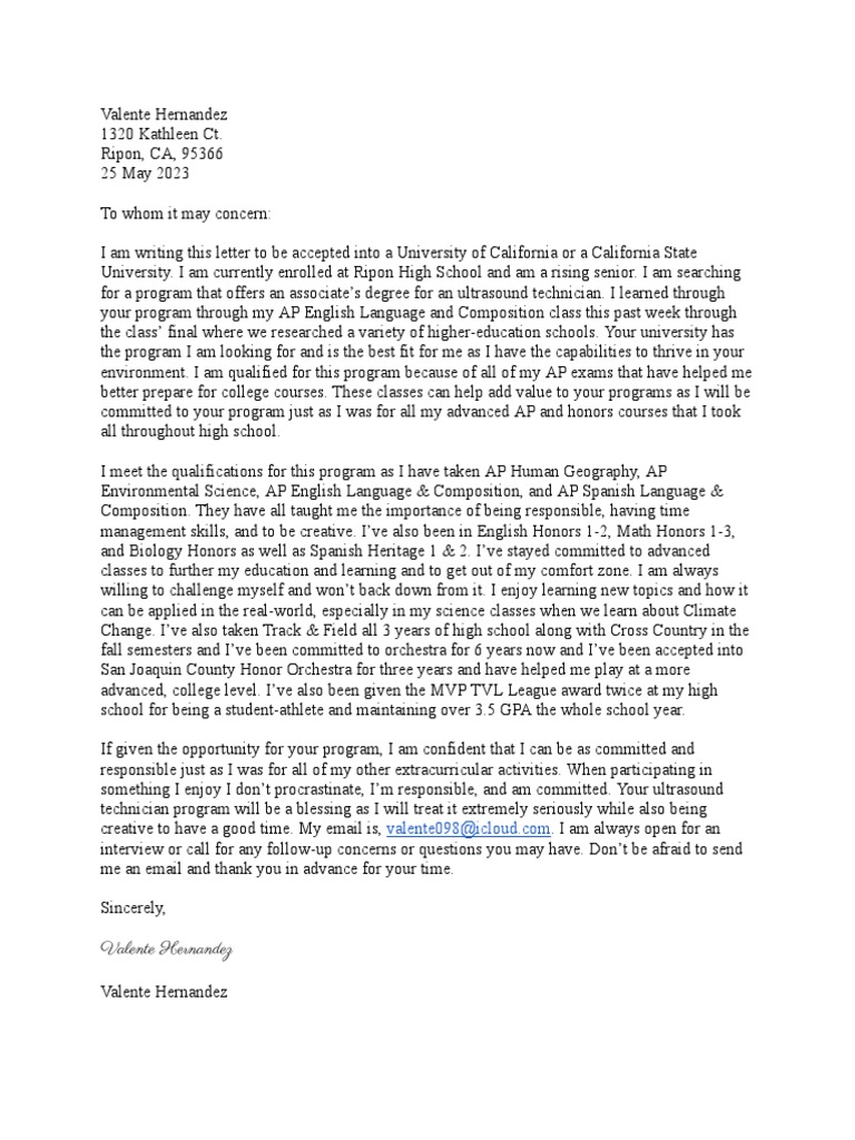 Cover Letter - Valente Hernandez | PDF | Advanced Placement | Educational Stages