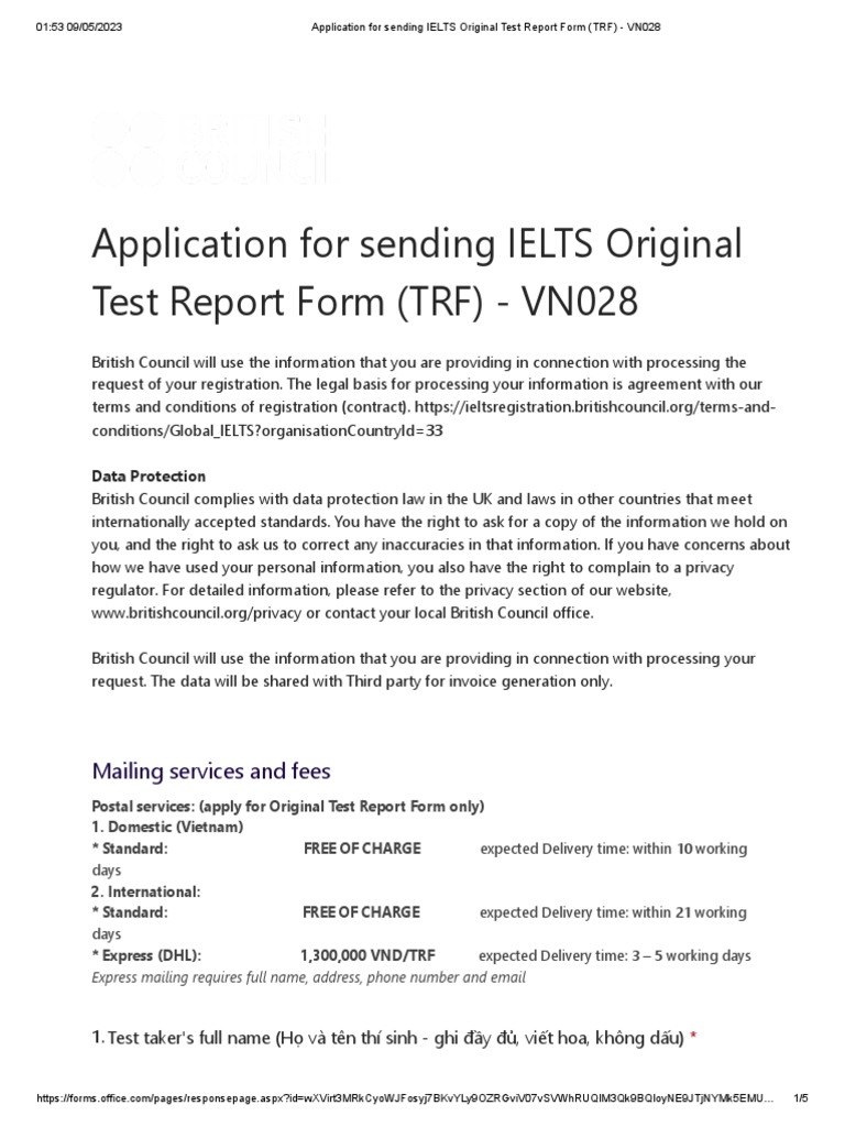 Application for sending IELTS Original Test Report Form (TRF) - VN028 ...