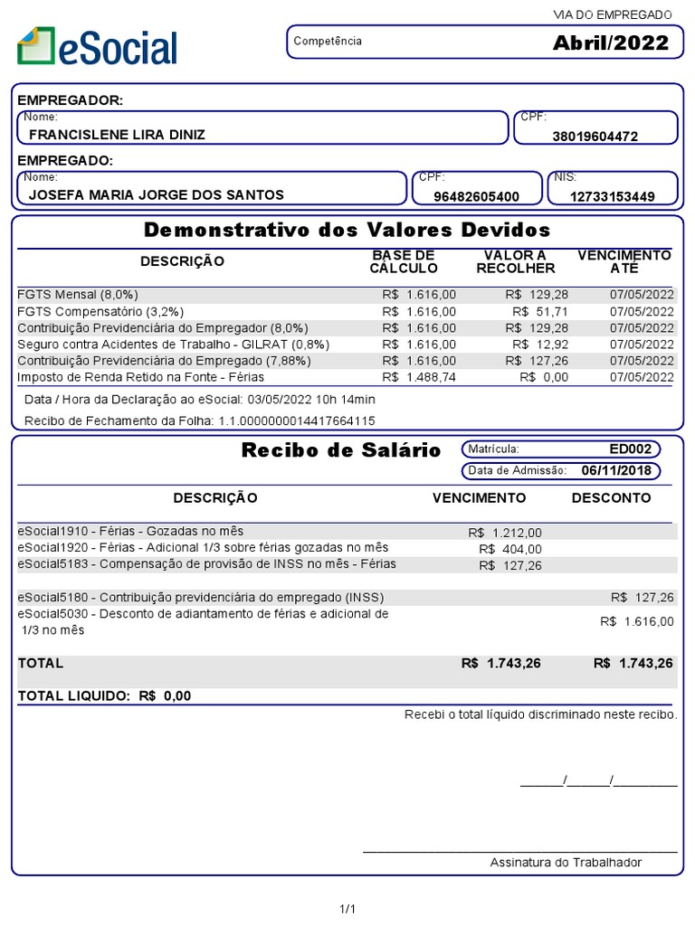 Esocial Demonstrativo Recibo Abril 2022 | PDF | Férias trabalhistas ...