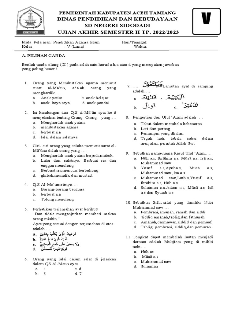 Soal THB Pai KLS V | PDF
