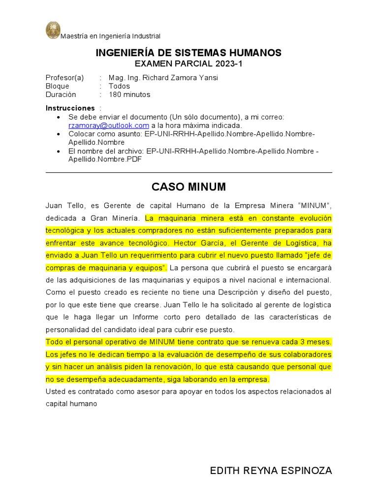 Examen Parcial. Sistemas RRHH - UNI-FIIS-2023-1 EDITH REYNA ESPINOZA ...