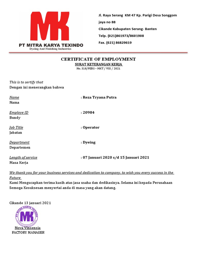 Certificate Of Employment Pdf