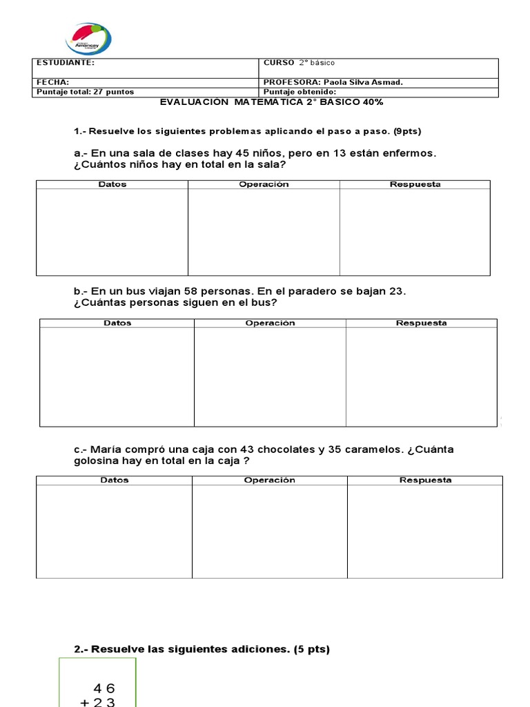 Prueba Sumas y Restas | PDF