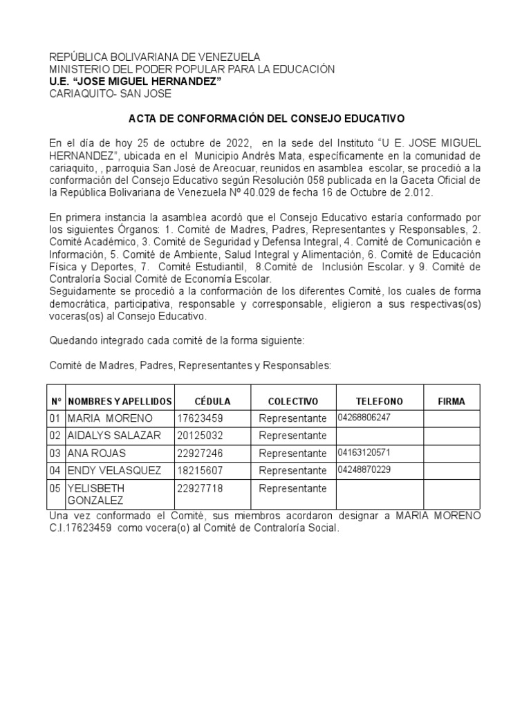ACTA DE CONFORMACION Consejo Educativo | PDF