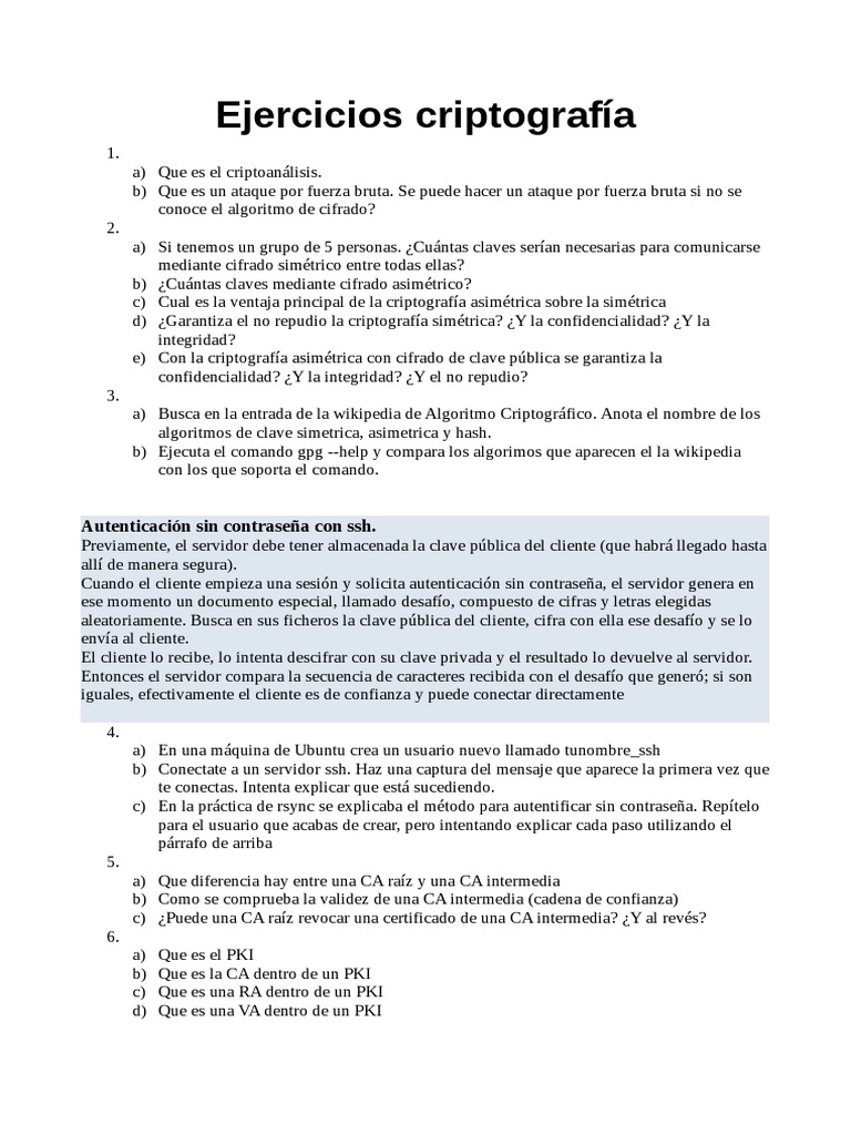Ejercicios Criptografia | PDF | Clave (criptografía) | Criptografía de clave pública