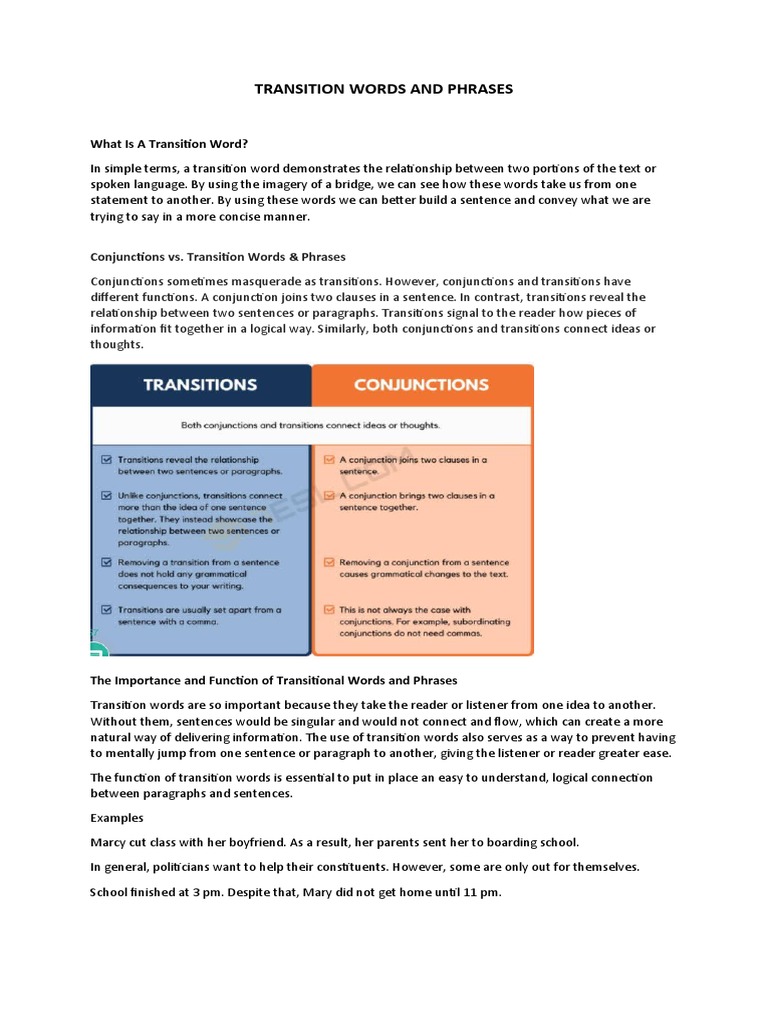 Transition Words and Phrases | PDF | Sentence (Linguistics) | Phrase