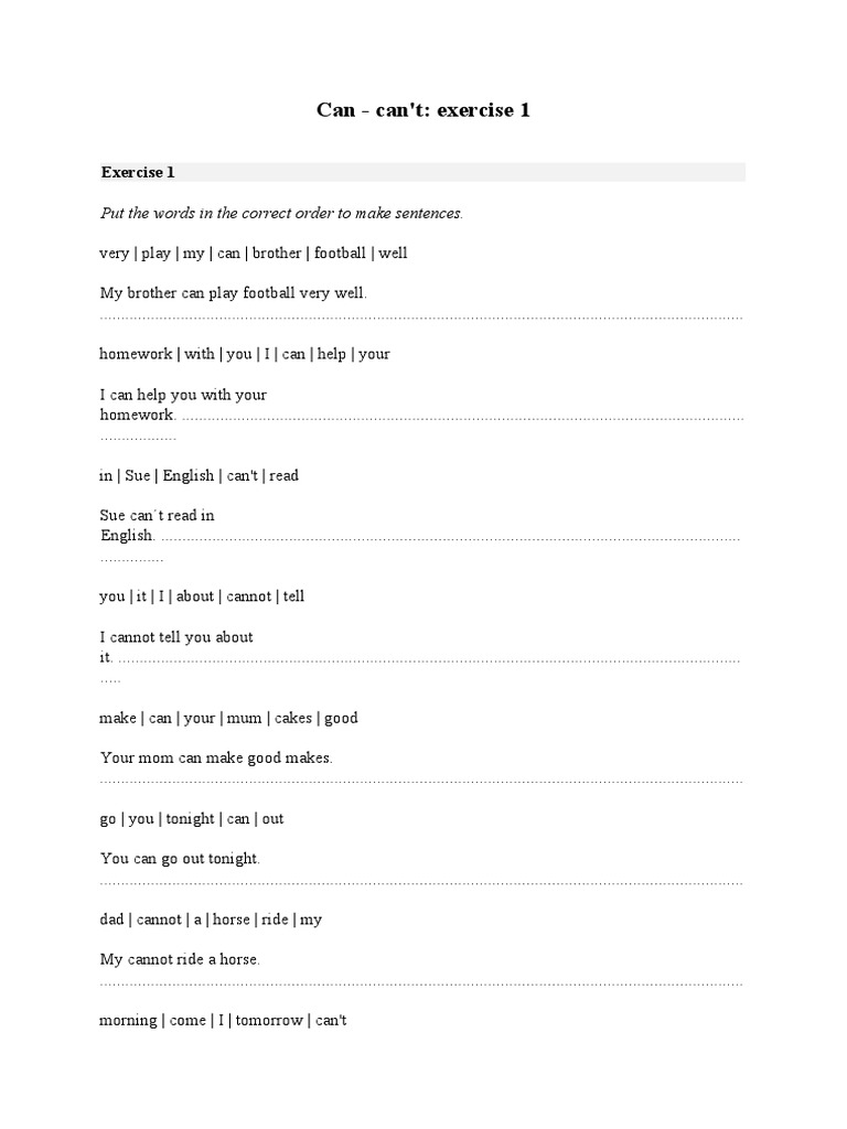 Exercise. Can-Cannot, and Simple Present Tense With To Be | PDF ...