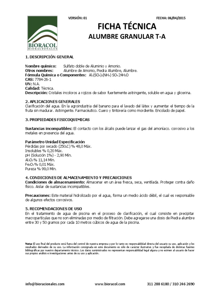 Fórmula Química del Alumbre Granular | PDF | Agua | Compuestos químicos