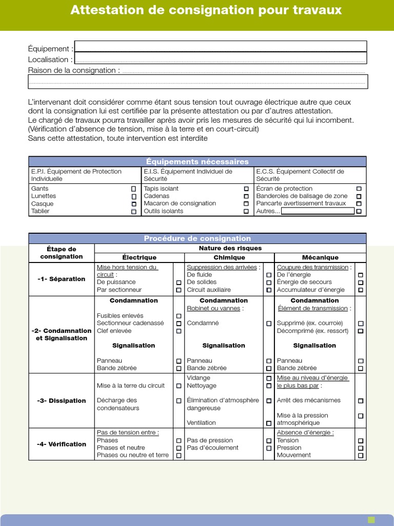 Fiche Attestation de Consignation | PDF | Électrotechnique | Électricité