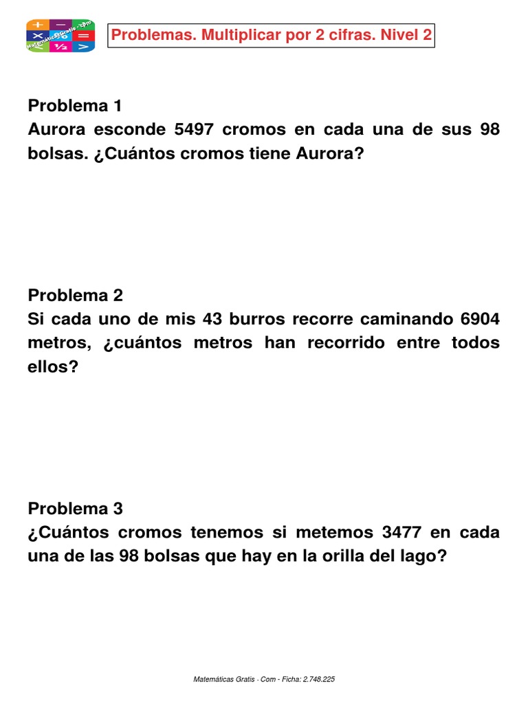Problemas. Multiplicar Por 2 Cifras. Nivel 2 | PDF