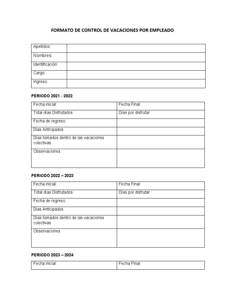 Formato de Control de Vacaciones Por Empleado | PDF