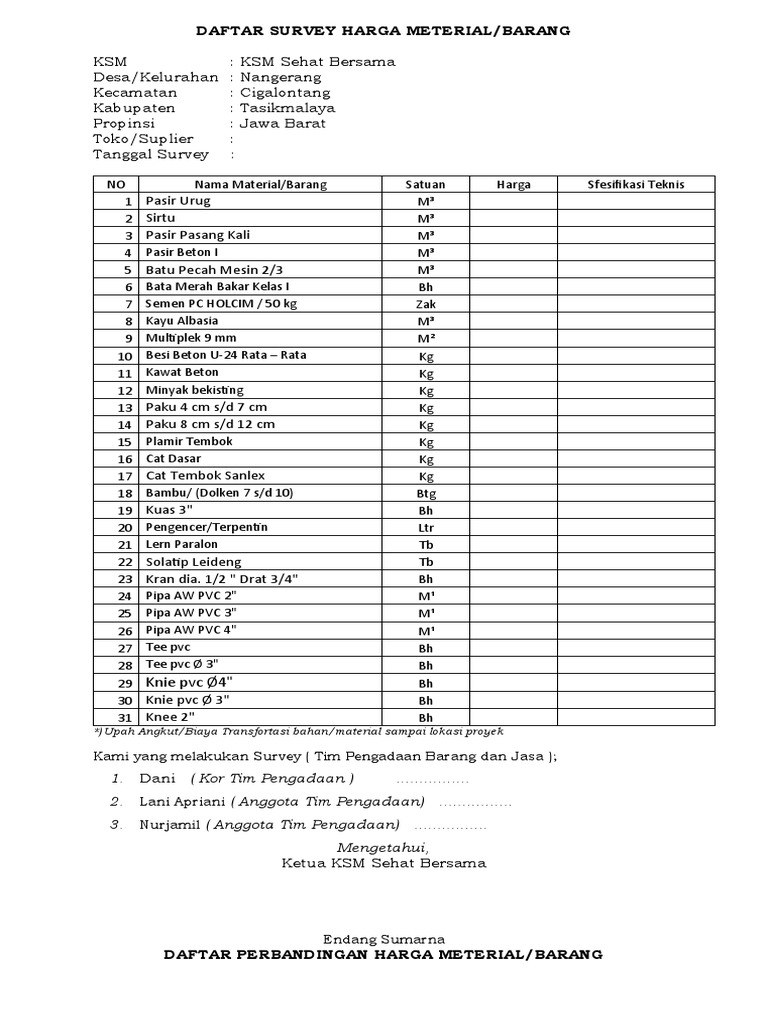 Daftar Survey Harga Material KSM | PDF