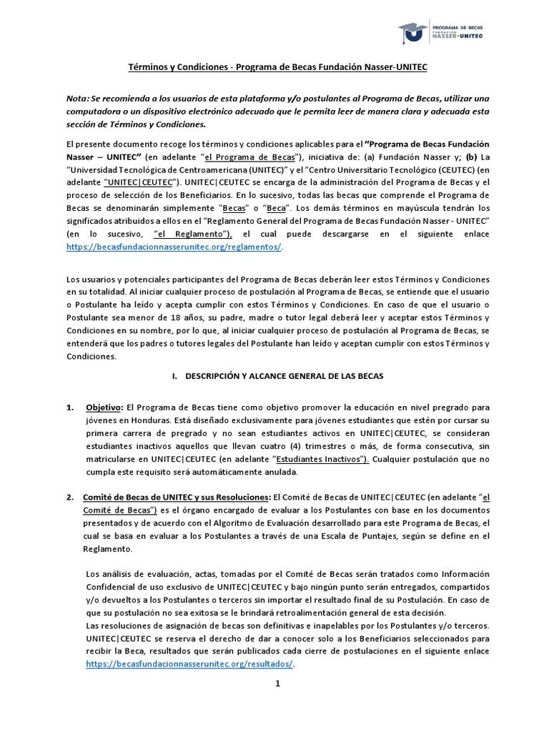 Términos y Condiciones - Programa de Becas Fundación Nasser UNITEC ...