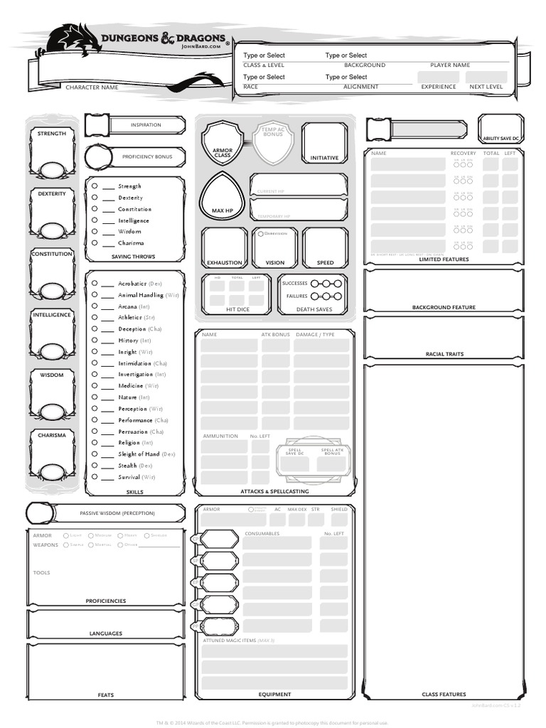 ficha personagem 5e editavel ingles | PDF | Fantasy Games | Dungeons ...