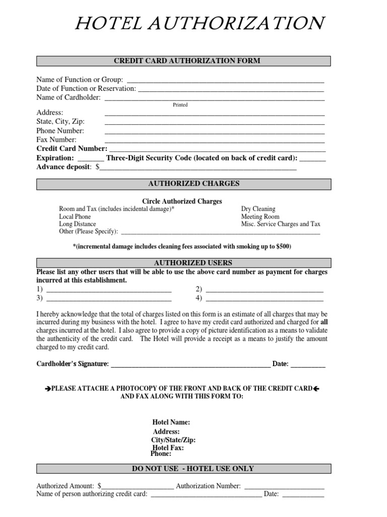 HOTEL CC Authorization Form | PDF | Credit Card | Services (Economics)