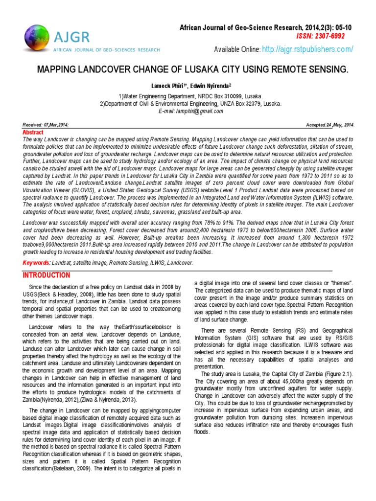 Mapping Landcover Change of Lusaka City Using Remote Sensing | Download Free PDF | Statistical ...