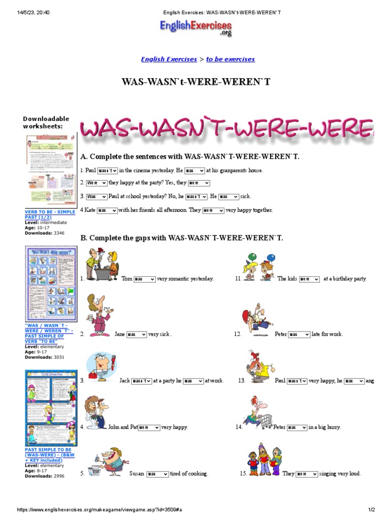 Was/Were Exercises for Kids | PDF | Linguistics