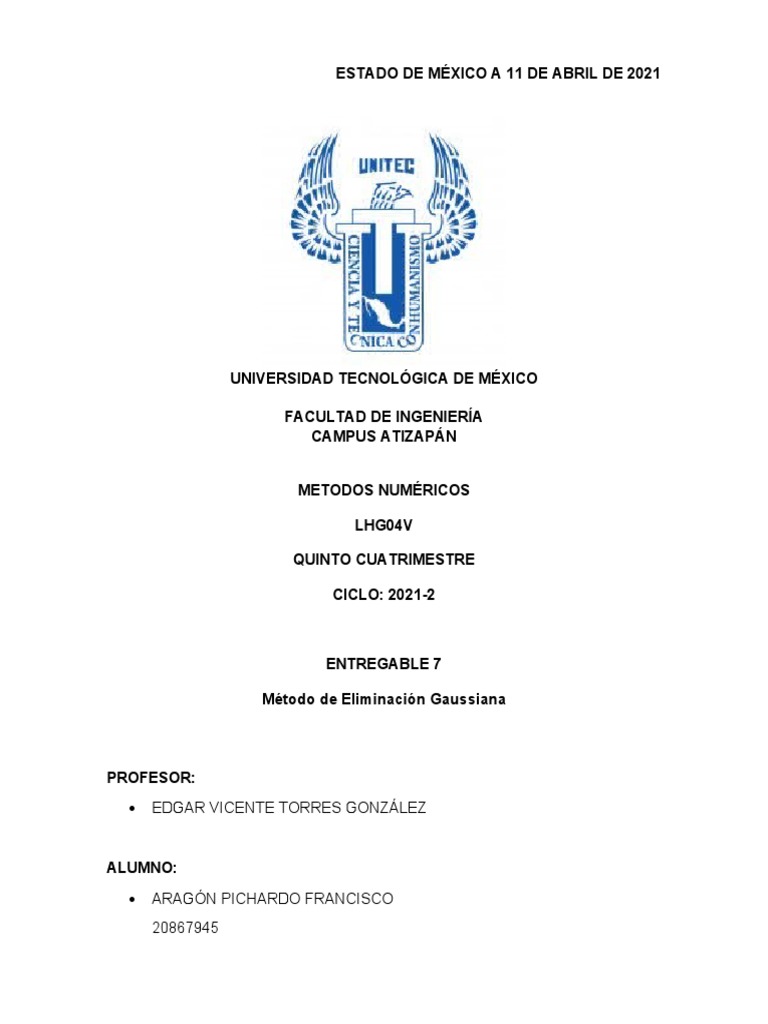 Septima Tarea Método de Eliminación Gaussiana Entregable 7 | PDF