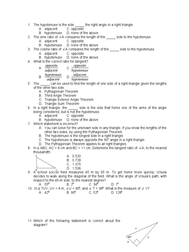 Right Triangle Trigonometry Quiz | PDF | Triangle | Trigonometric Functions