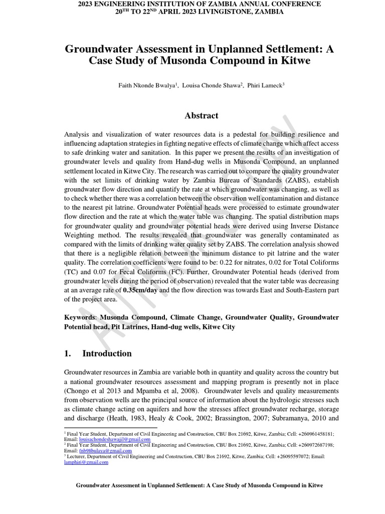 Groundwater Assessment in Unplanned Settlement | PDF | Groundwater | Water
