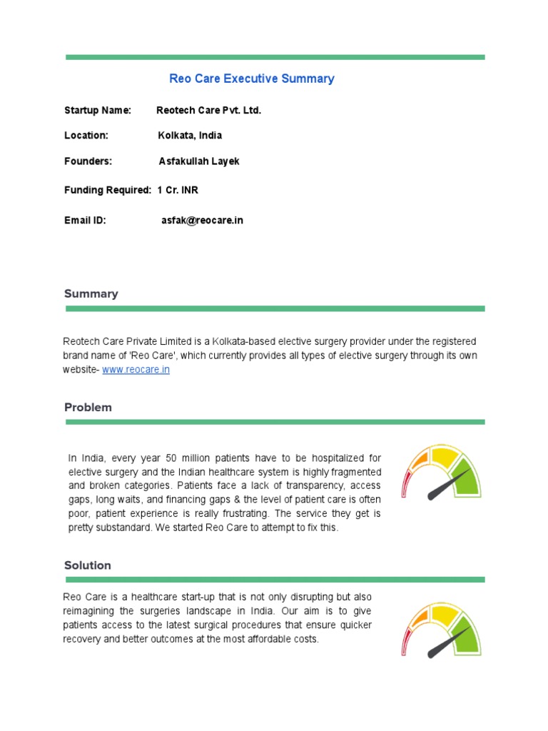 Reo Care Executive Summary - Asfakullah Layek | PDF | Surgery | Patient