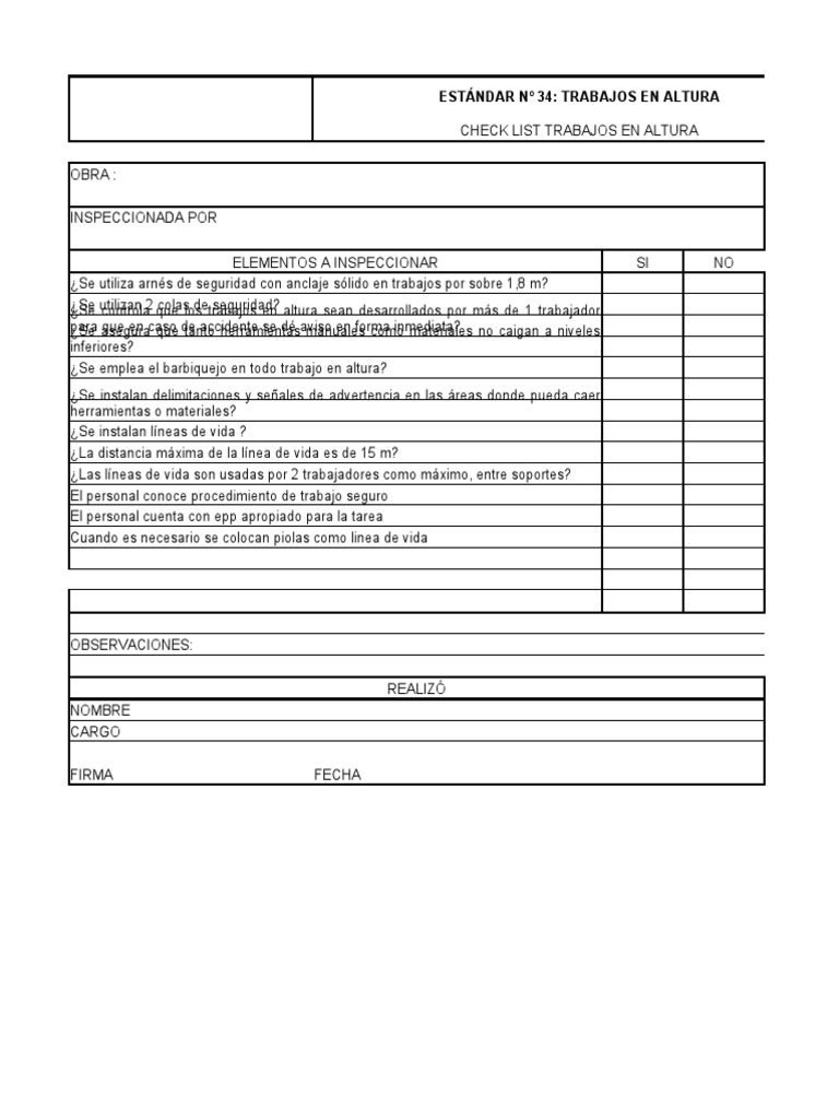 Check List Trabajo en Altura | PDF