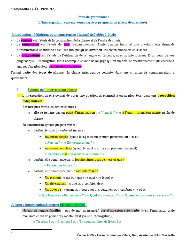Grammaire : L'interrogation en Première | PDF | Question | Clause