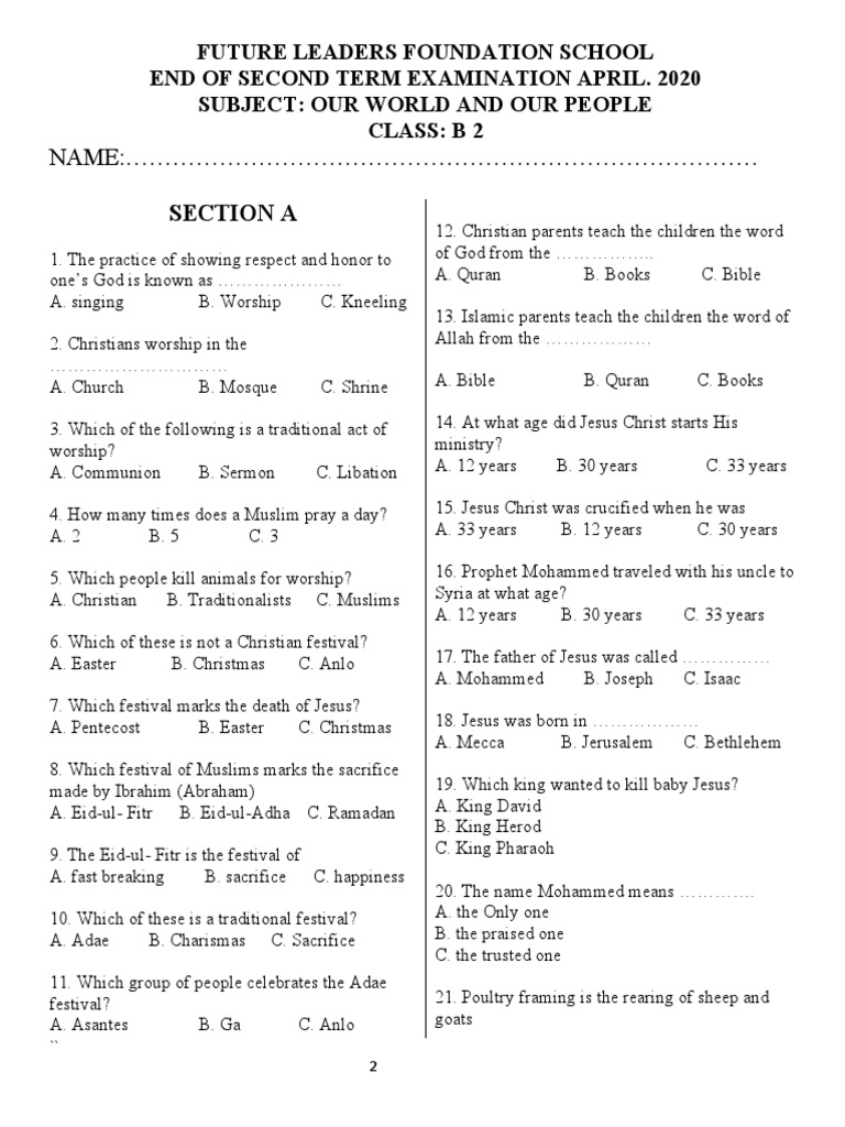 Class 2 Term 2 Exam Questions | PDF | Jesus | Worship