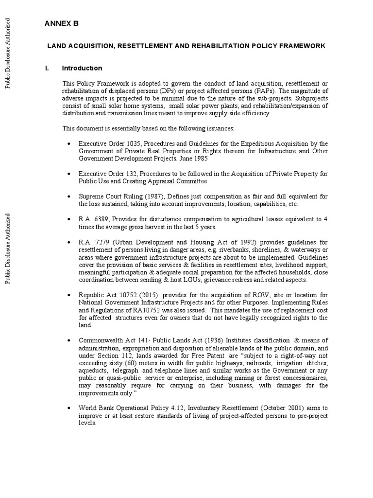 Land Acquisition Resettlement and Rehabilitation Policy Framework | PDF ...