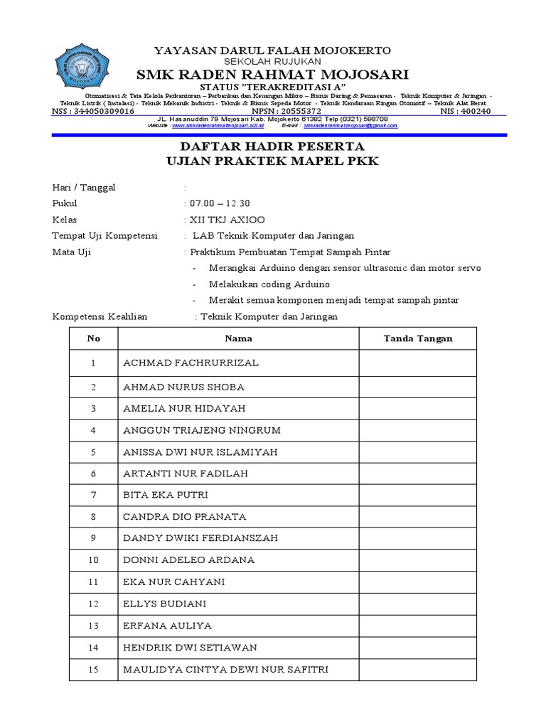 Daftar Hadir Ujian Praktek PKK | PDF