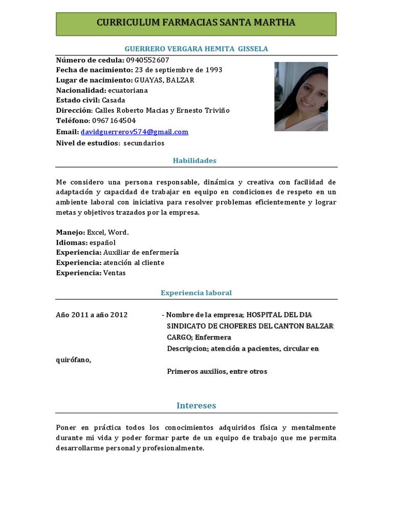 Plantilla de Curriculum Farmacias Santa Martha | PDF