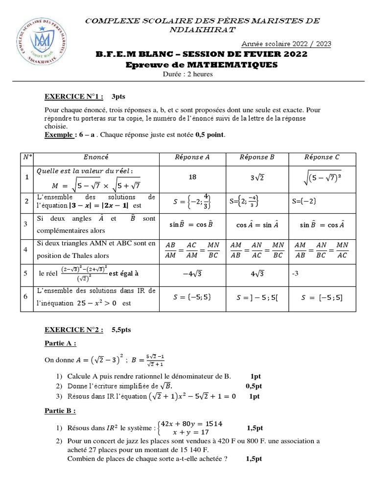 BFEM 2024 Mathématiques Blanc 3ème | PDF | Objets mathématiques ...