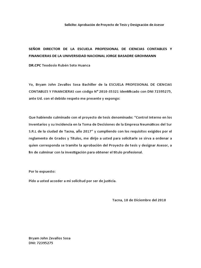 Solicitud de Aprobacion de Proyecto de Tesis | PDF Solicitud de Aprobacion de Proyecto de Tesis | PDF