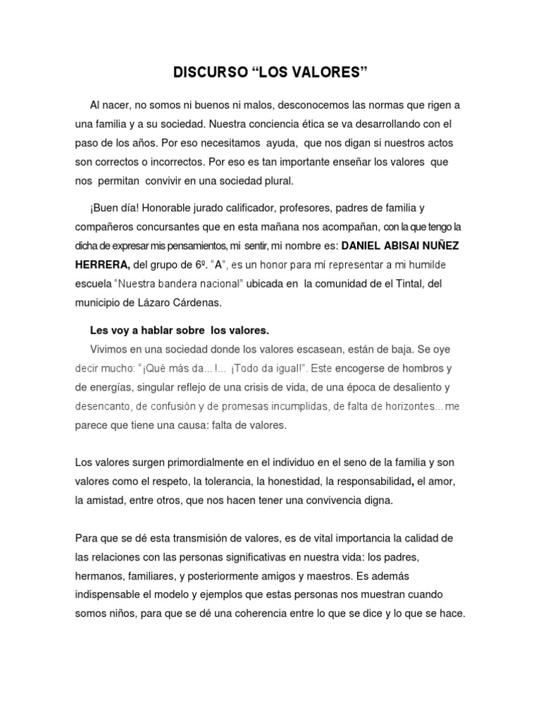 Discurso "Los Valores": HERRERA, Del Grupo de 6º | PDF | Amor | Tolerancia