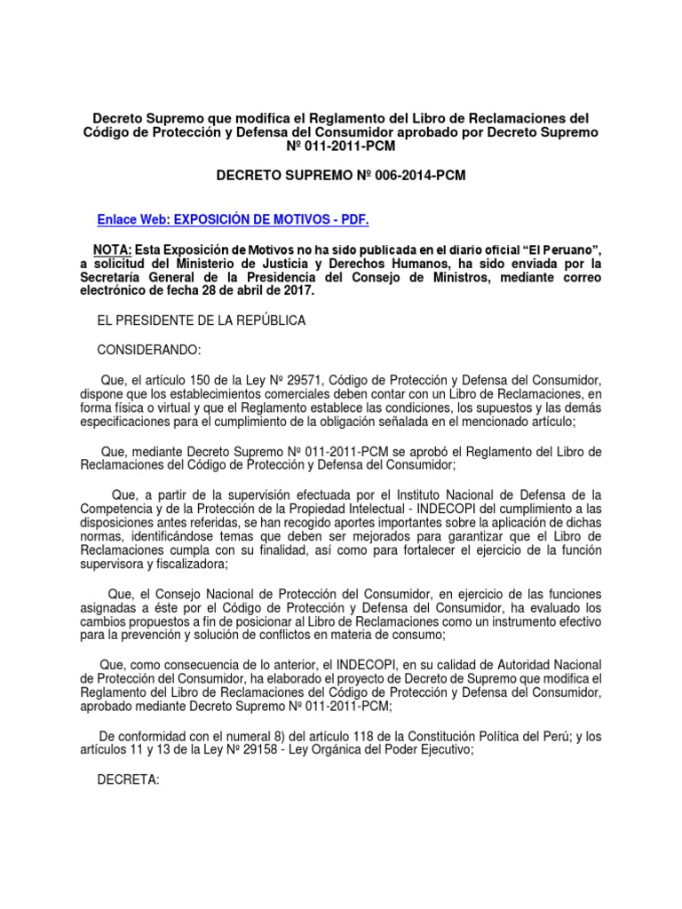 Decreto Supremo #006-2014-PCM | PDF | Protección al Consumidor | Multa (pena)