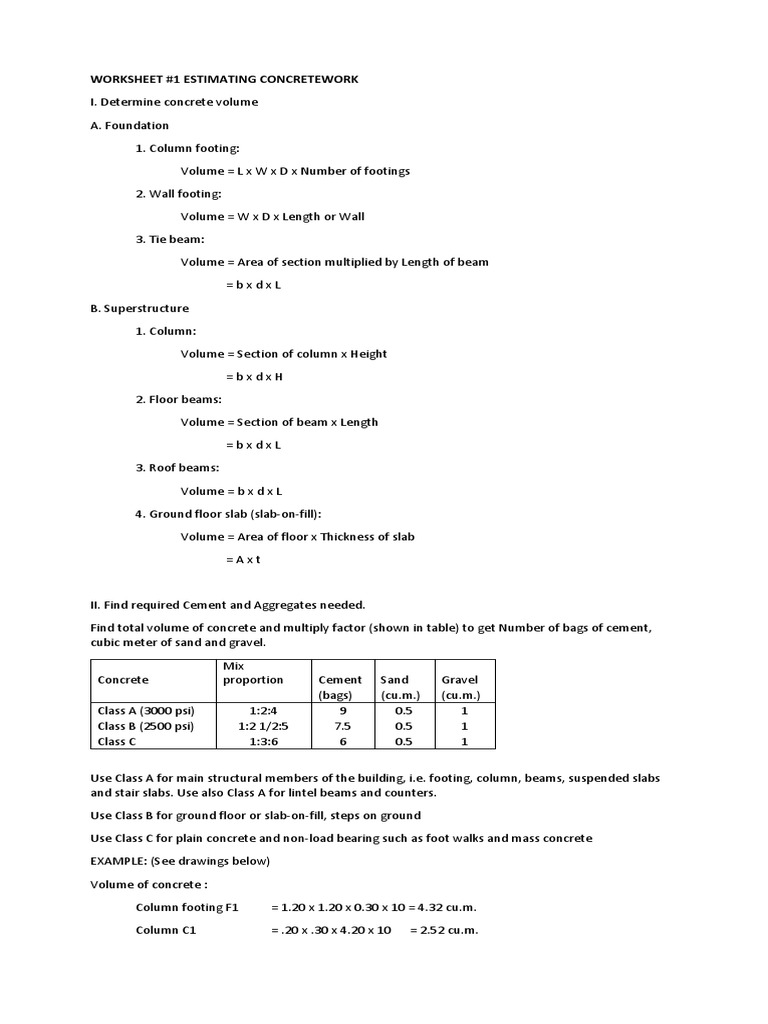 Worksheet #1 Estimating Concrete | PDF | Concrete | Column