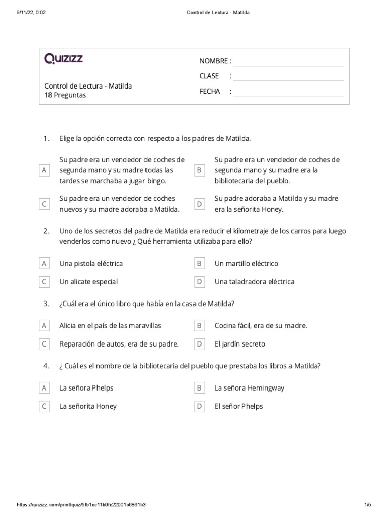 Control de Lectura - Matilda | PDF