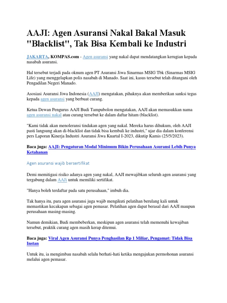 AAJI - Agen Asuransi Nakal Bakal Masuk (Blacklist) Tak Bisa Kembali Ke Industri | PDF | Bisnis ...
