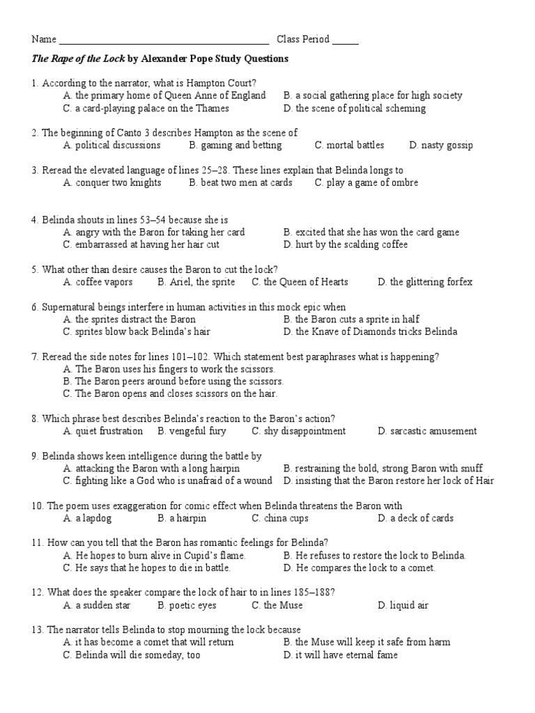 The Rape of The Lock Study Questions | PDF