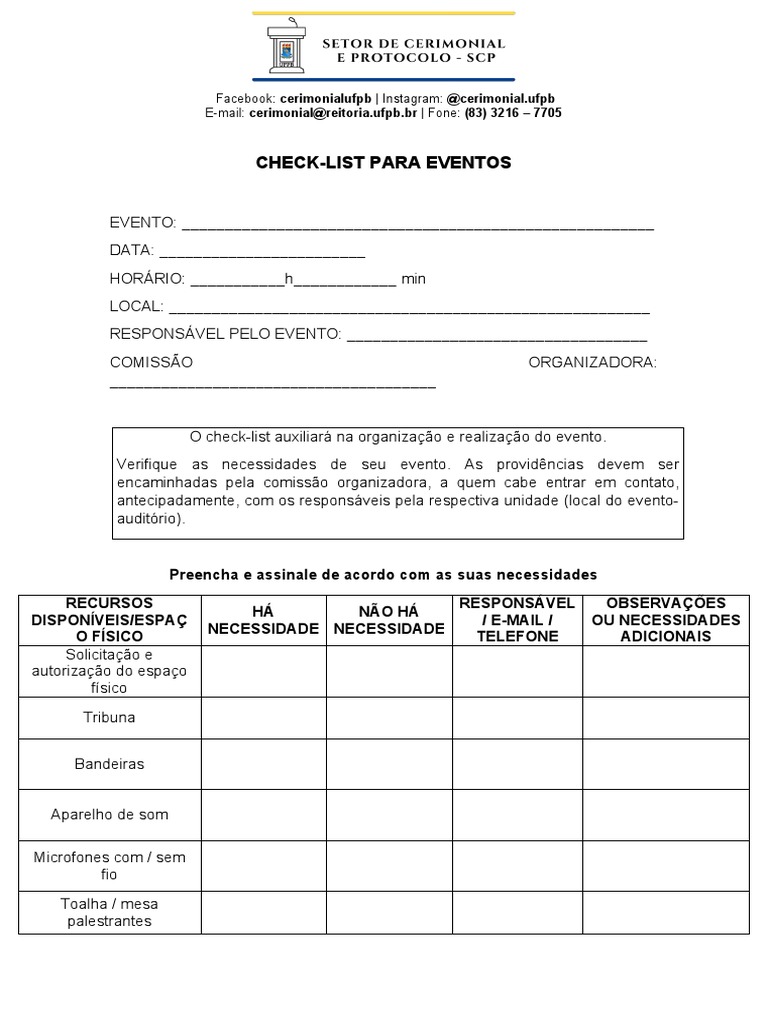 Check-List para Eventos | Download grátis PDF | Informática