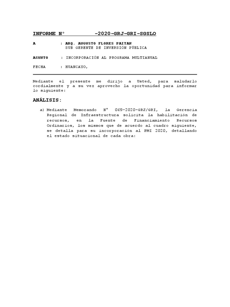 Informe Incorporacion Pmi 2020 - 01 | PDF | Servicios públicos ...