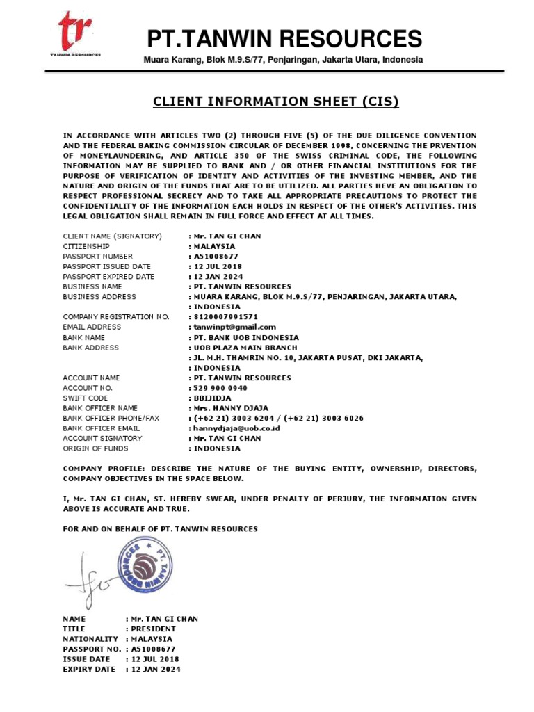 PT Tanwin Resources Client Information | PDF | Justice | Crime & Violence