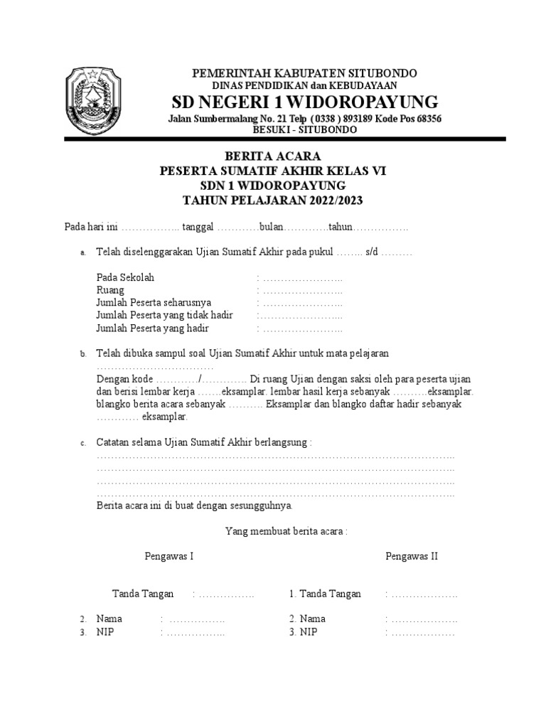 Berita Acara Ujian Kelas VI SDN 1 Widoropayung | PDF | Game & Aktivitas ...