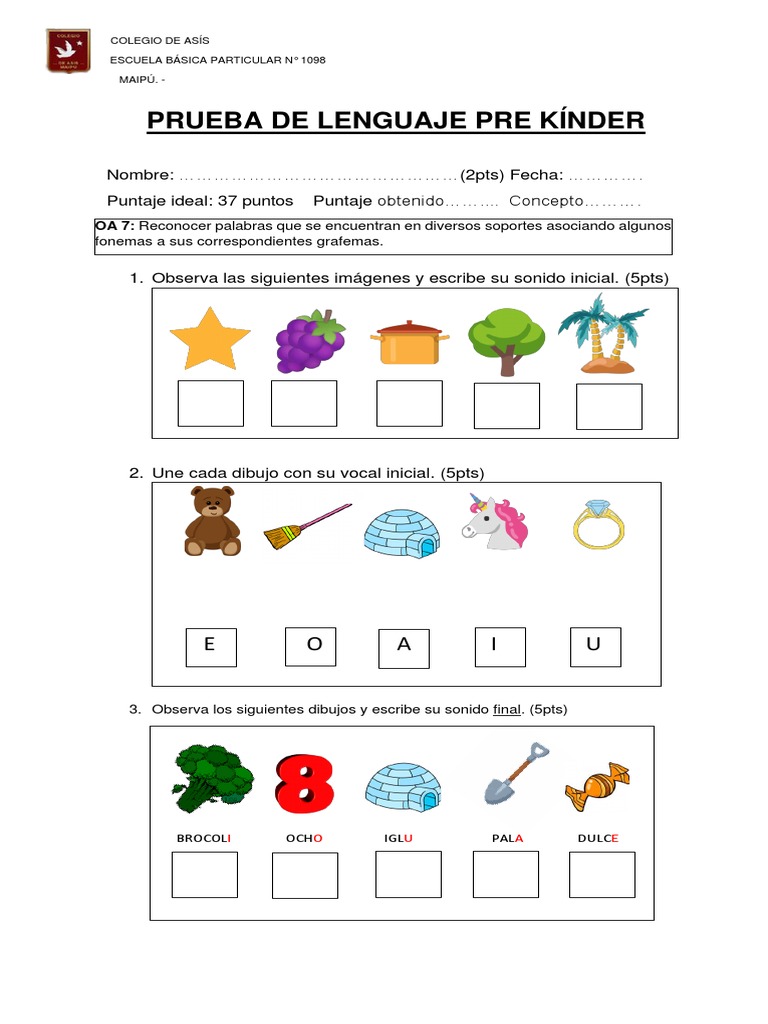 Prueba de Lenguaje Pre Kinder A Color | PDF