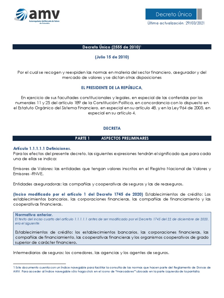 Decreto 2555 de 2010 (Normas en Materia Del Sector Financiero, Asegurador y Del Mercado de ...