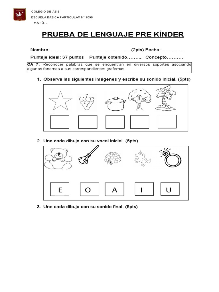 Prueba de Lenguaje Pre Kinder | PDF