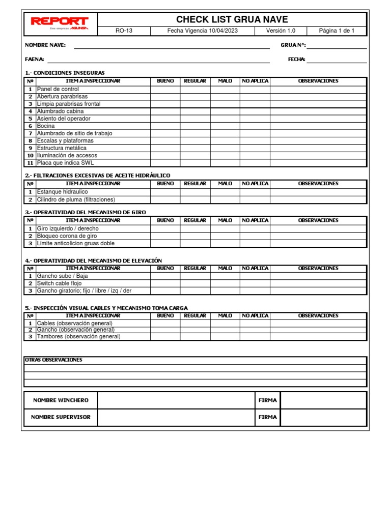 Ro-13 Check List Grúa de Nave | PDF